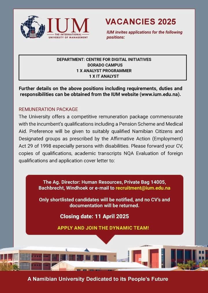 IUM Vacancies 2025 In Namibia Job Opportunities at @www.ium.edu.na ...